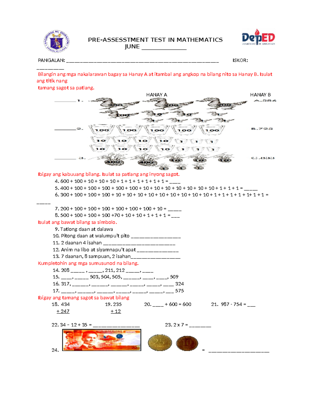 PRE-TEST Mathematics 2 - PRE-ASSESSTMENT TEST IN MATHEMATICS JUNE ...
