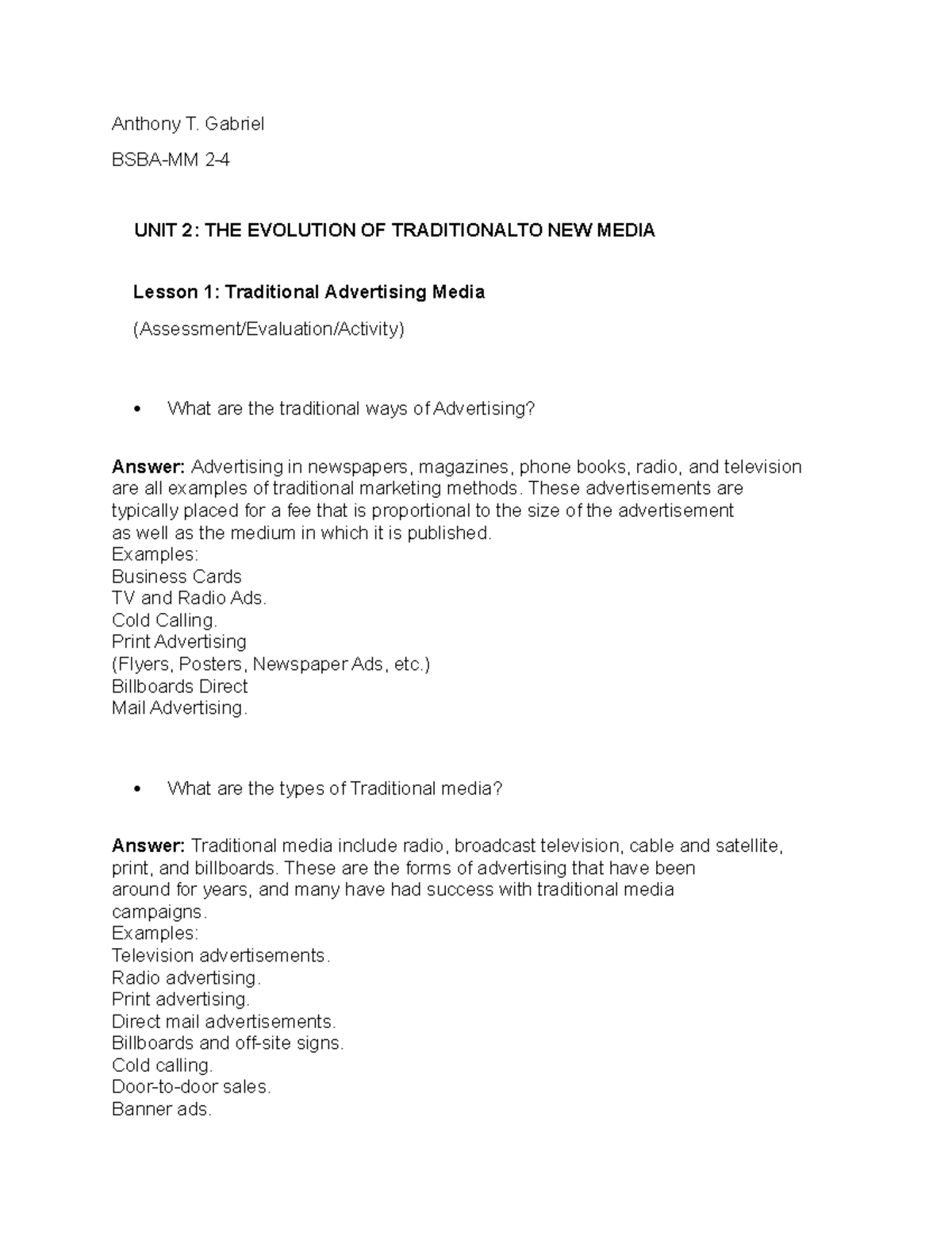 Anthony Gabriel Advertising Unit 2 Lesson 1 - Anthony T. Gabriel BSBA ...