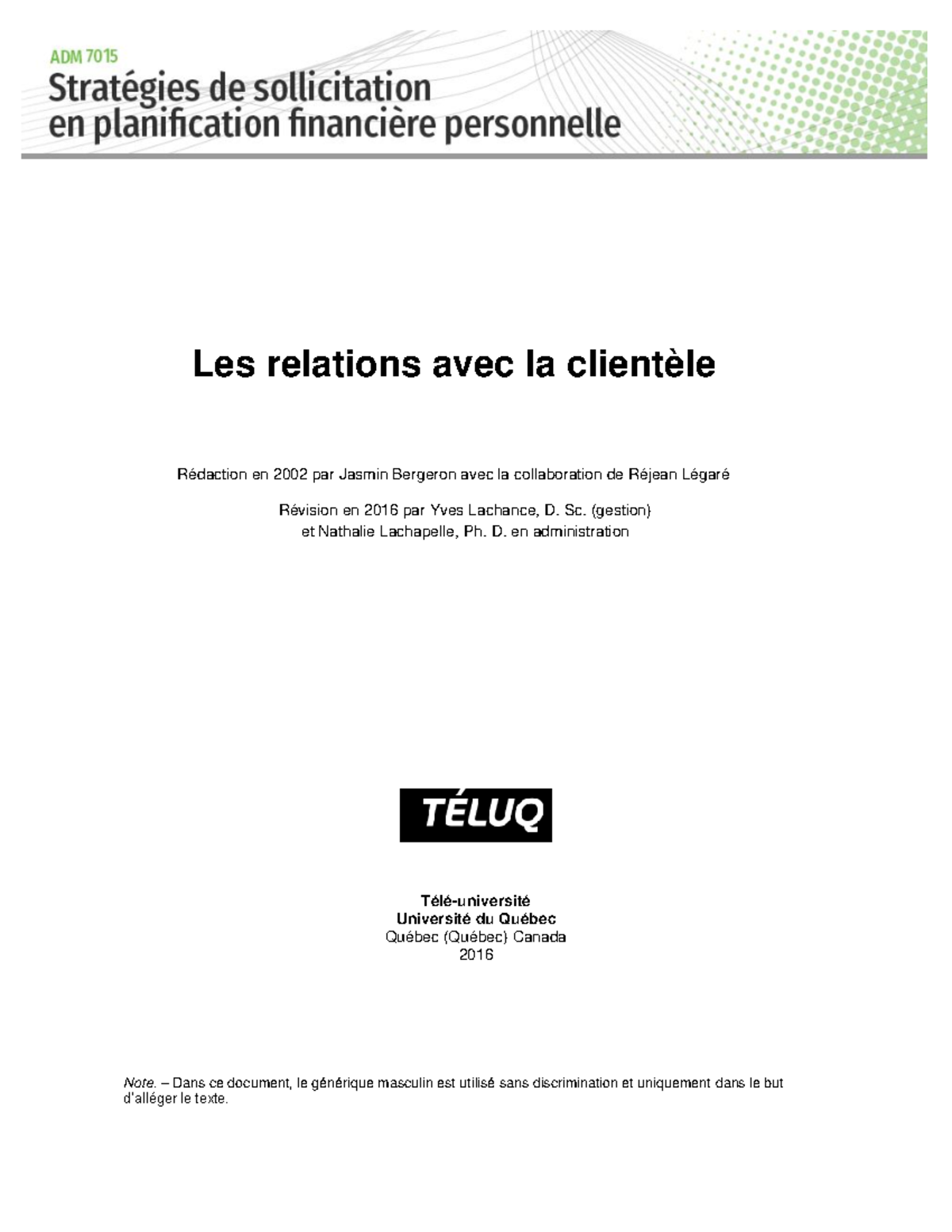 Semaine 5 - relation clientèle - ADM 7015 - TÉLUQ - Studocu