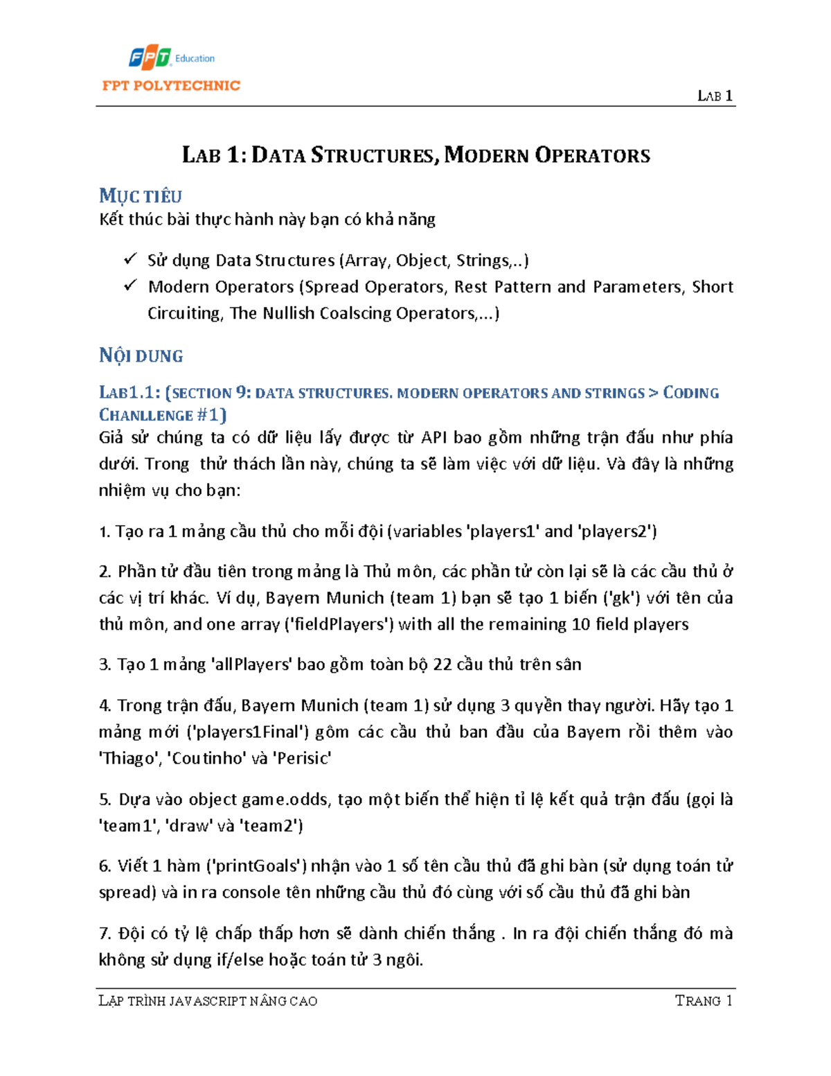 Lab1 - qêrer - LAB 1 LẬP TRÌNH JAVASCRIPT NÂNG CAO TRANG 1 LAB 1: DATA STRUCTURES, MODERN ...