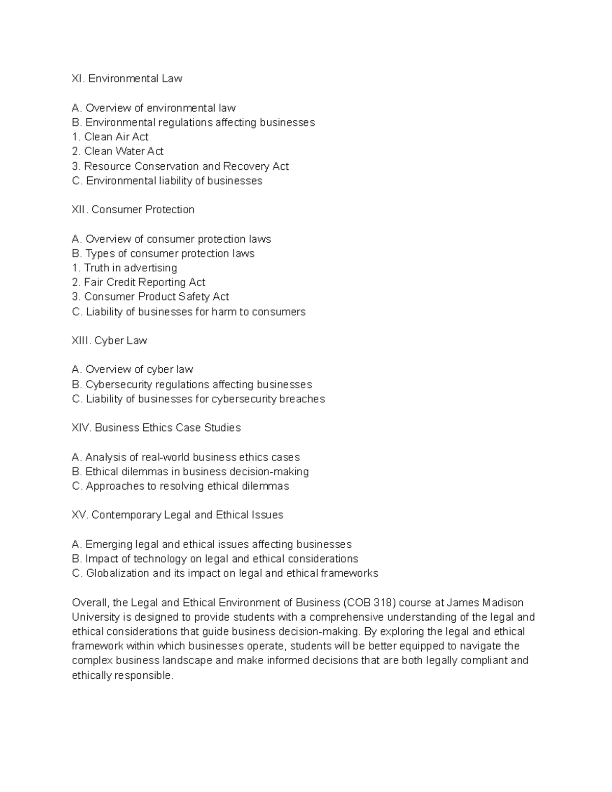 Legal and Ethical Environment of Business (COB 318)#2 - XI ...