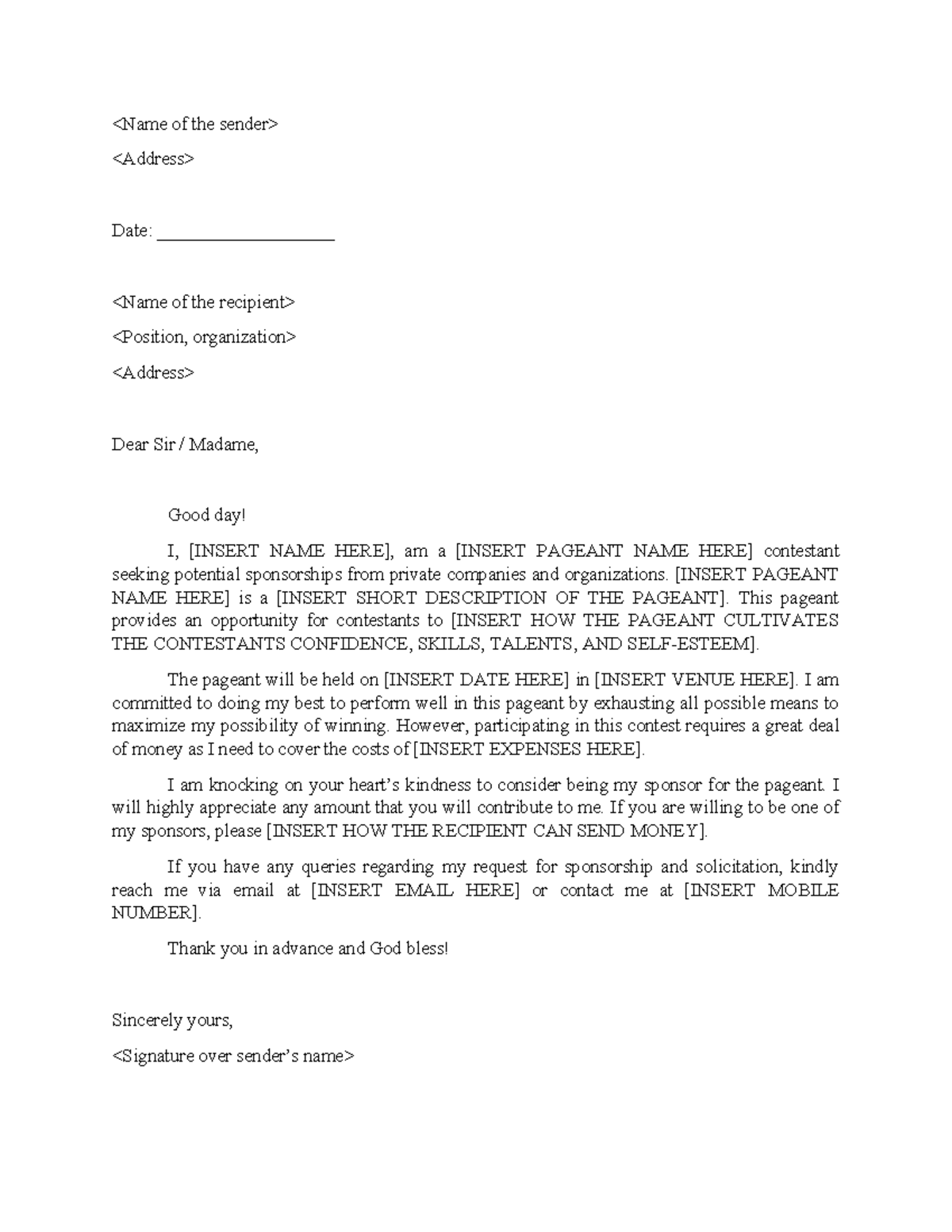 Solicitation Letter Sample Template for Pageant - Date: - Studocu