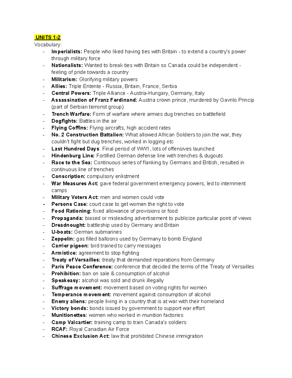 History Study Guide Units 3, 4 - UNITS 1- Vocabulary: - Imperialists ...