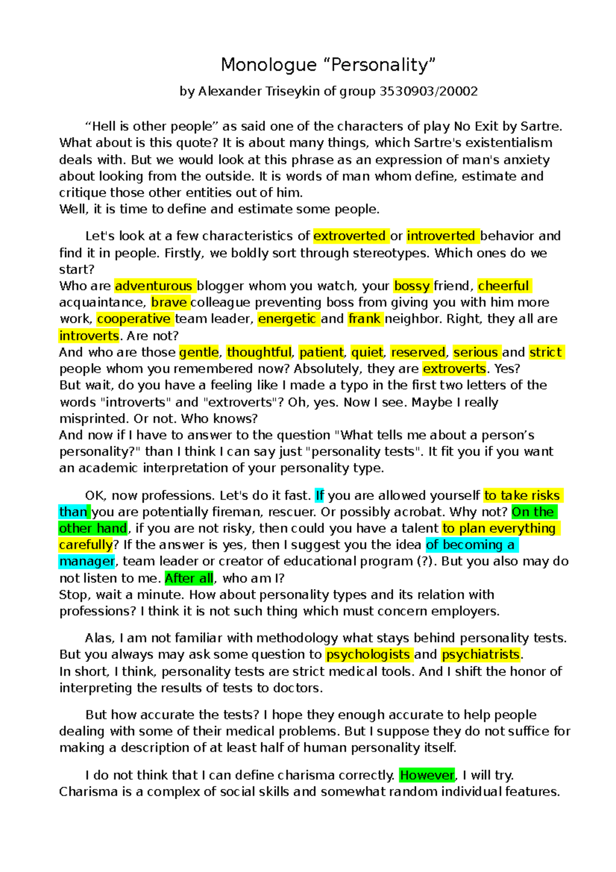 Monologue Personality (Module 1) - Monologue “Personality” by Alexander ...