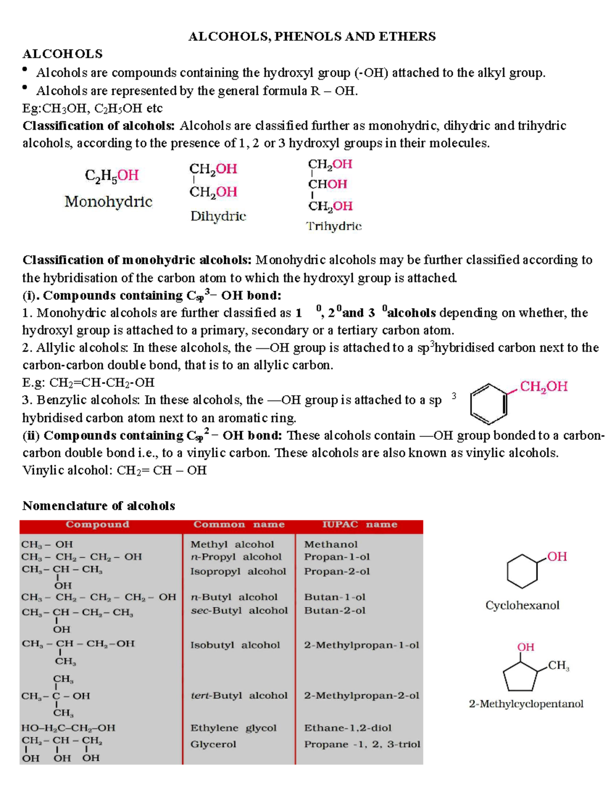Alcohol, phenol and ether (5.12.2022) 12 - ALCOHOLS, PHENOLS AND ETHERS ...
