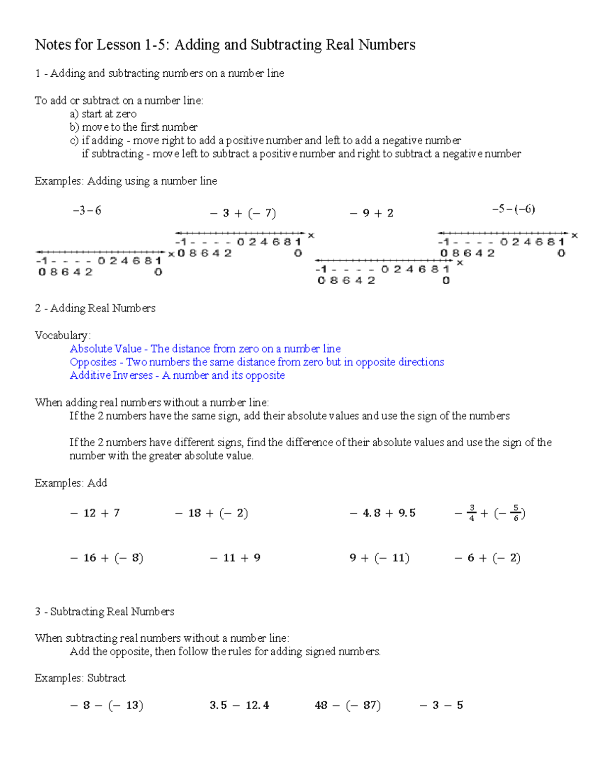 real numbers practise - Notes for Lesson 1-5: Adding and Subtracting ...