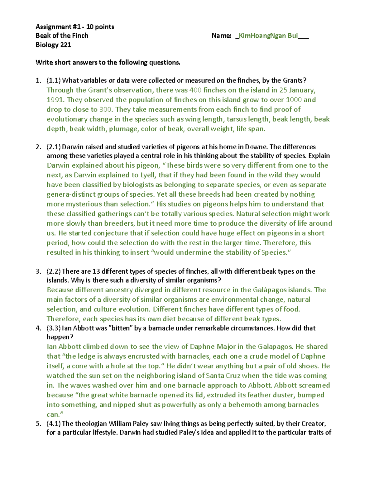 Biol 221 beak 1 - Biol 221 - Prof. Mark Smith Reading book “Beak of the ...