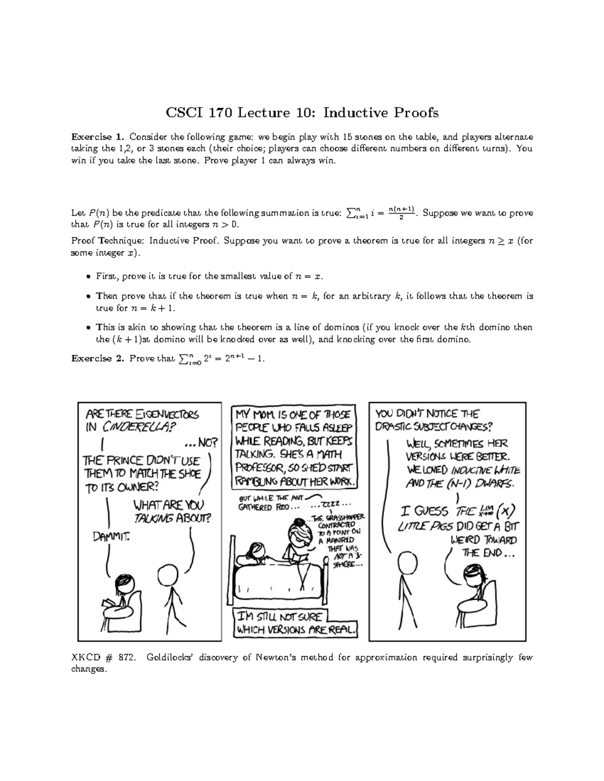 Handout 10 Inductive Proofs Csci 170 Lecture 10 Inductive Proofs Exercise 1 Consider The