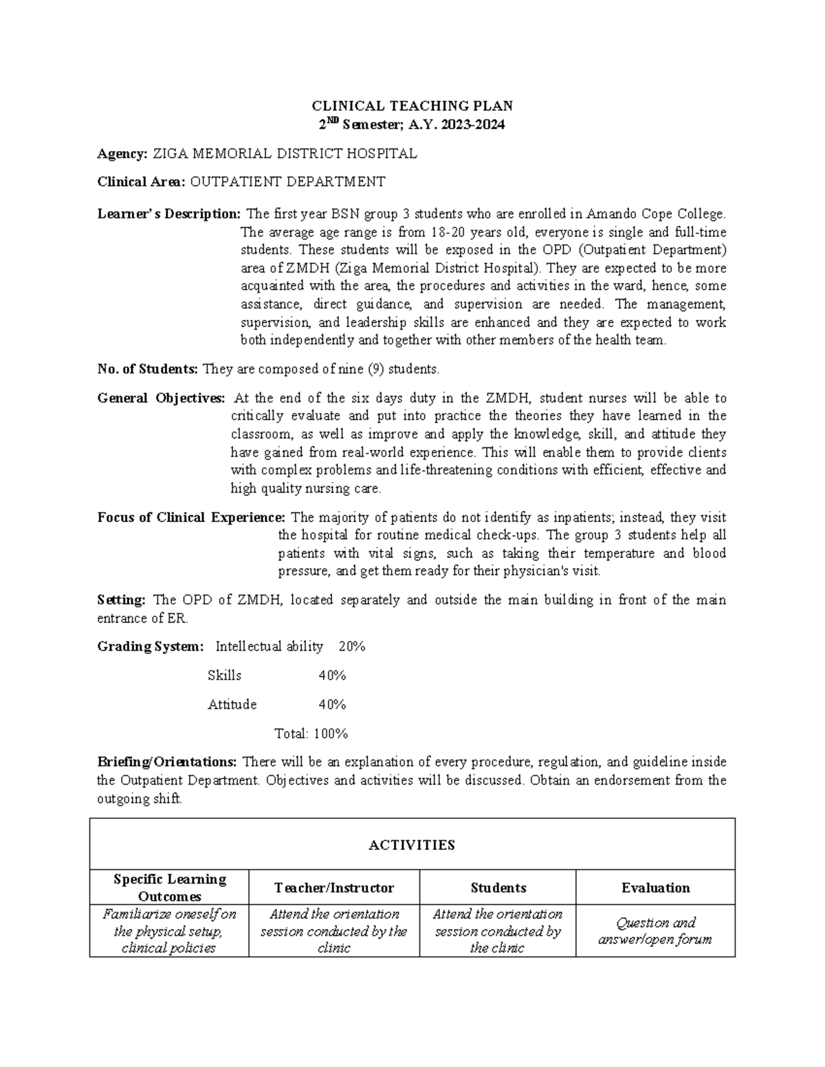 Clinical Teaching PLAN (OPD) - CLINICAL TEACHING PLAN 2 ND Semester; A ...