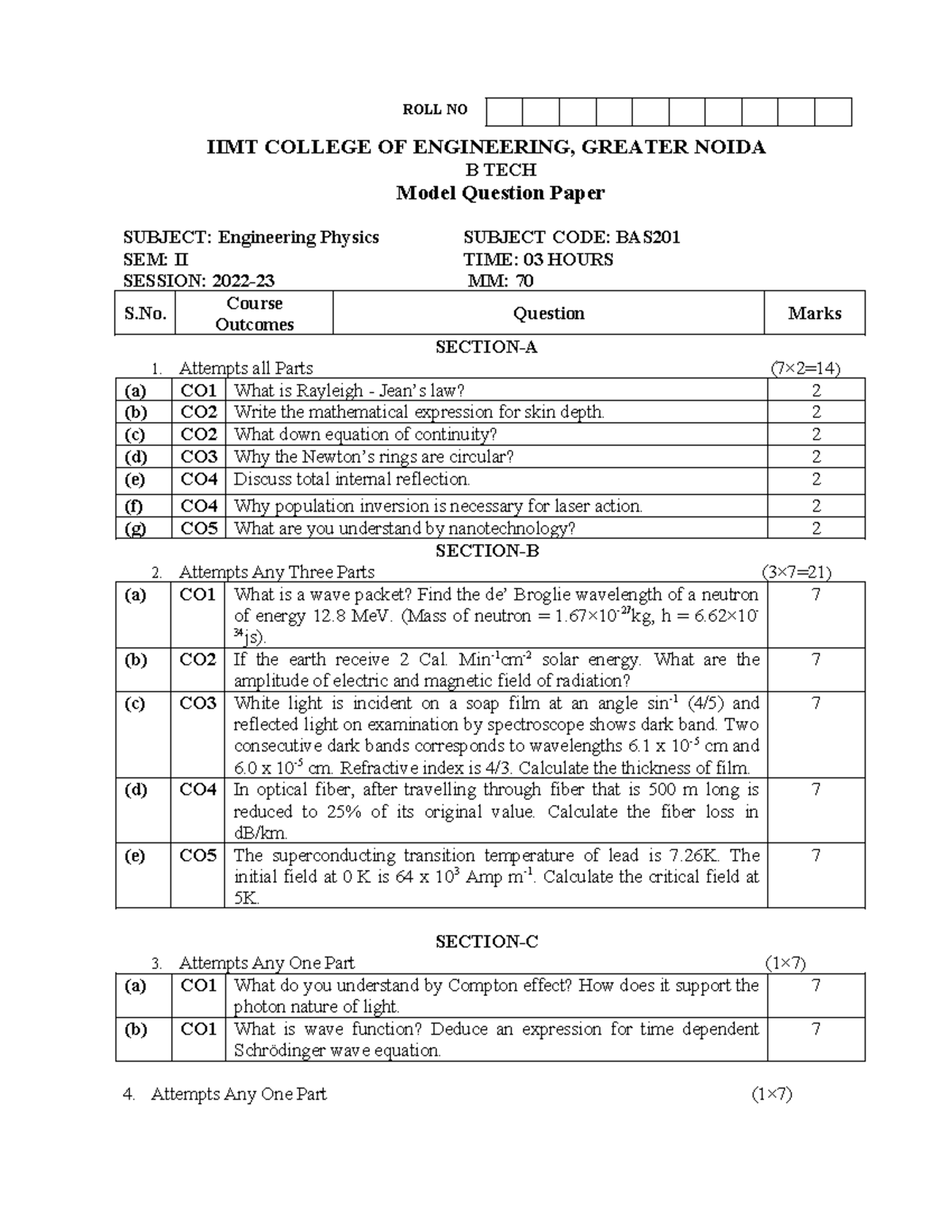 Model paper Physics Even (22-23) updated - ROLL NO IIMT COLLEGE OF ENGINEERING, GREATER NOIDA B ...