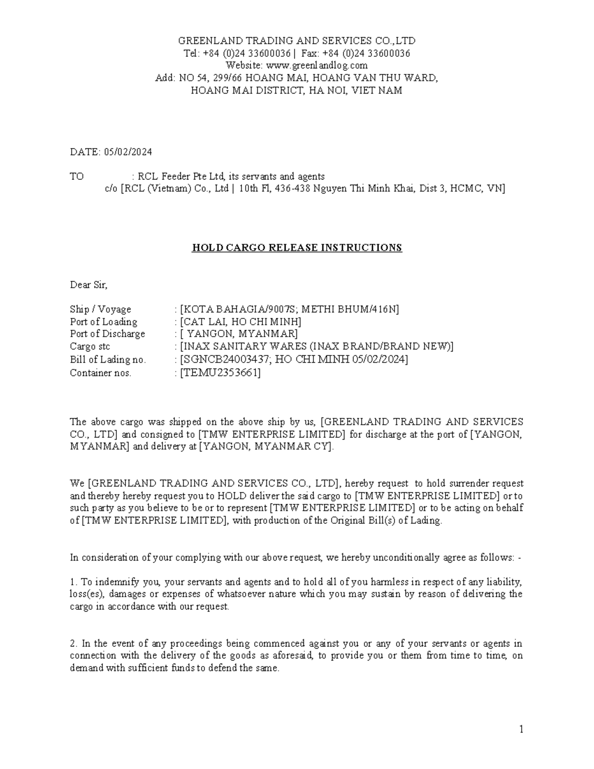 7C] HOLD surrender Cargo -shipper - GREENLAND TRADING AND SERVICES CO ...