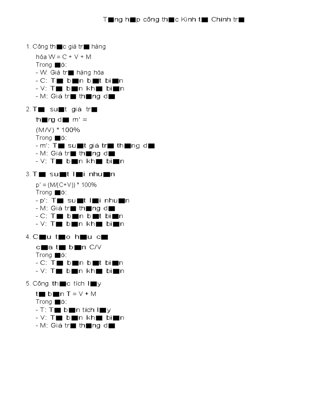 Cong thuc Kinh te Chinh tri - T ng h p công th c Kinh t Chính tr Công th c giá tr hàng hóa W = C ...
