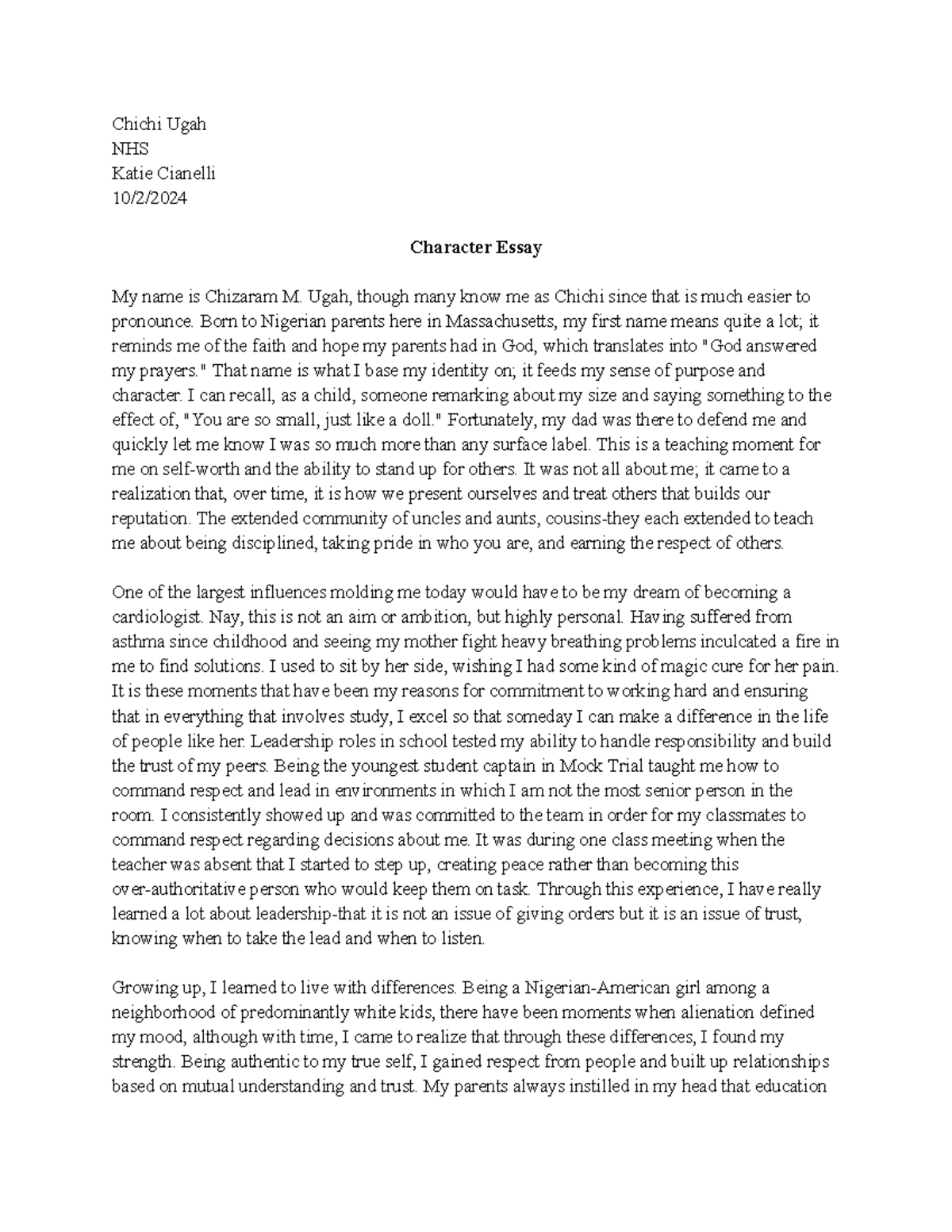 Character Essay - Hungry - Chichi Ugah NHS Katie Cianelli 10/2 ...
