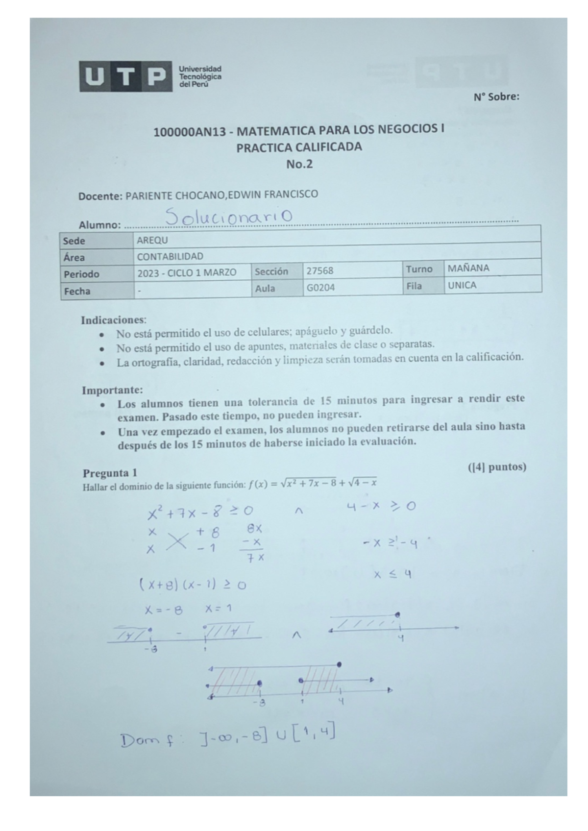 Solucionario PC 2 MN 1 - UTP Universidad Tecnológica del Perú Sobre: MATEMATICA PARA LOS ...