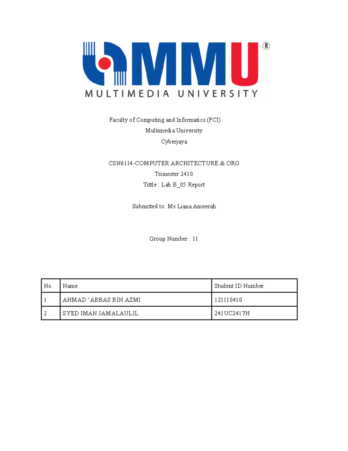 Tutorial- Lab B 05 - Faculty of Computing and Informatics (FCI) Multimedia University Cyberjaya ...