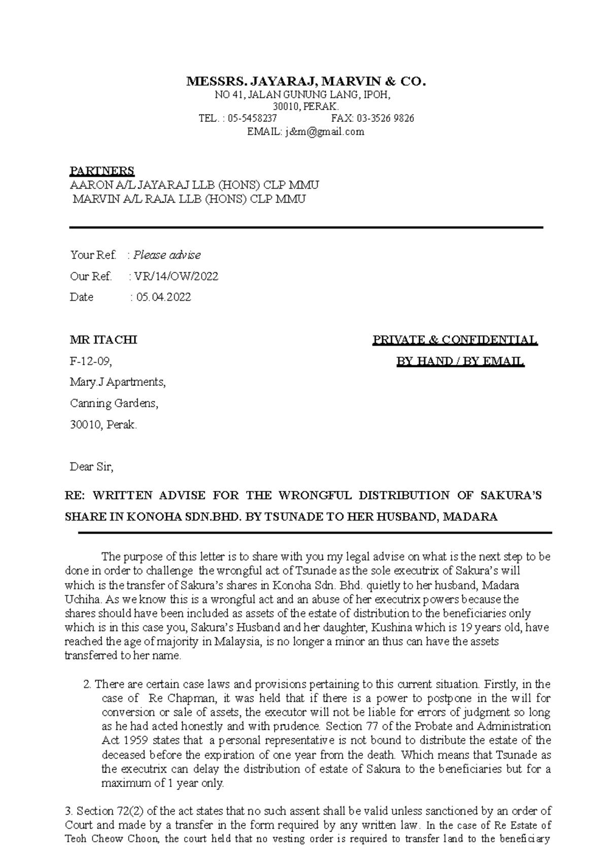 Q1 week 12 advise letter - MESSRS. JAYARAJ, MARVIN & CO. NO 41, JALAN ...