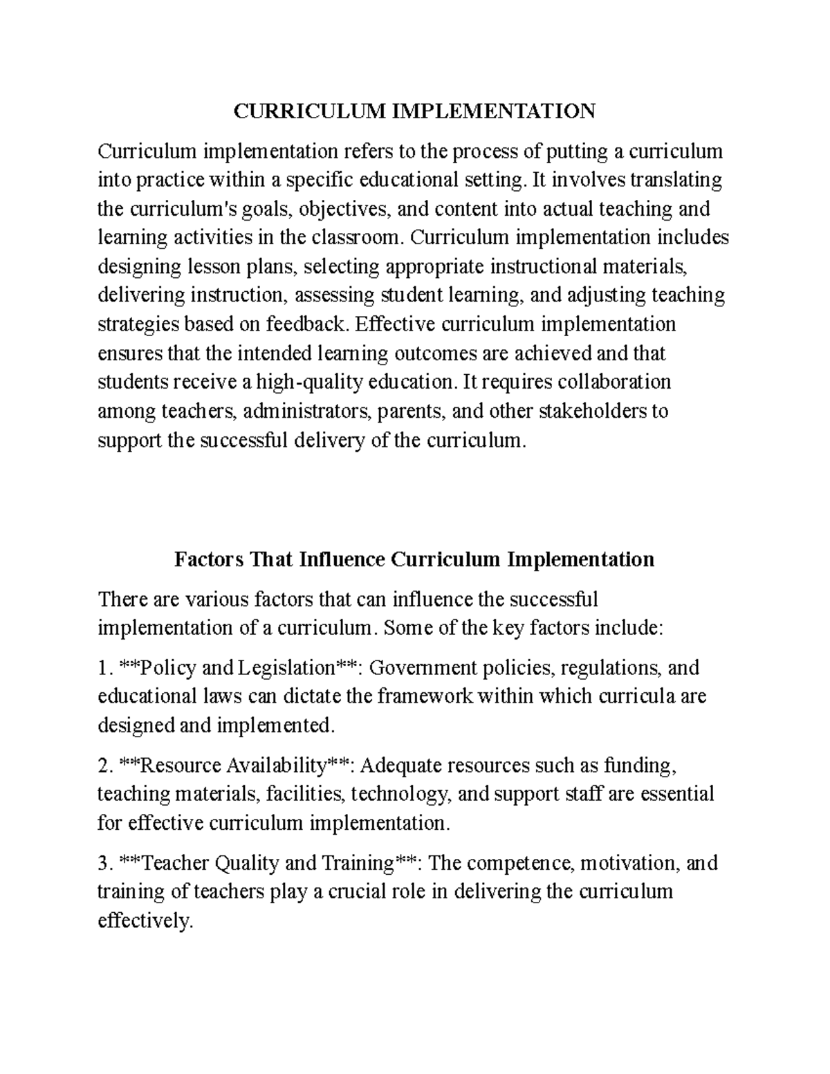 Curriculum Implementation - CURRICULUM IMPLEMENTATION Curriculum ...