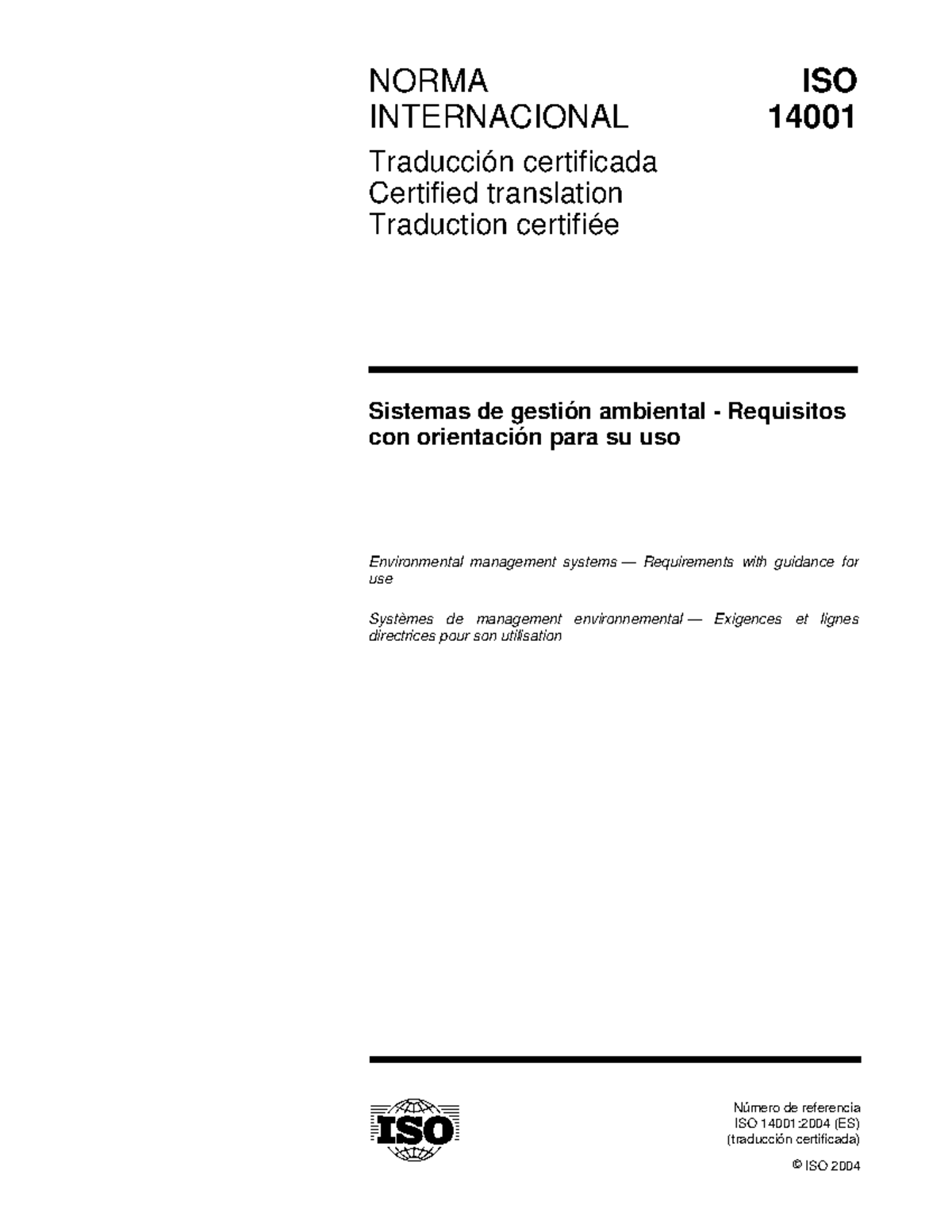 Norma Internacional ISO 14001 de Sistemas de gestion ambiental - Número ...