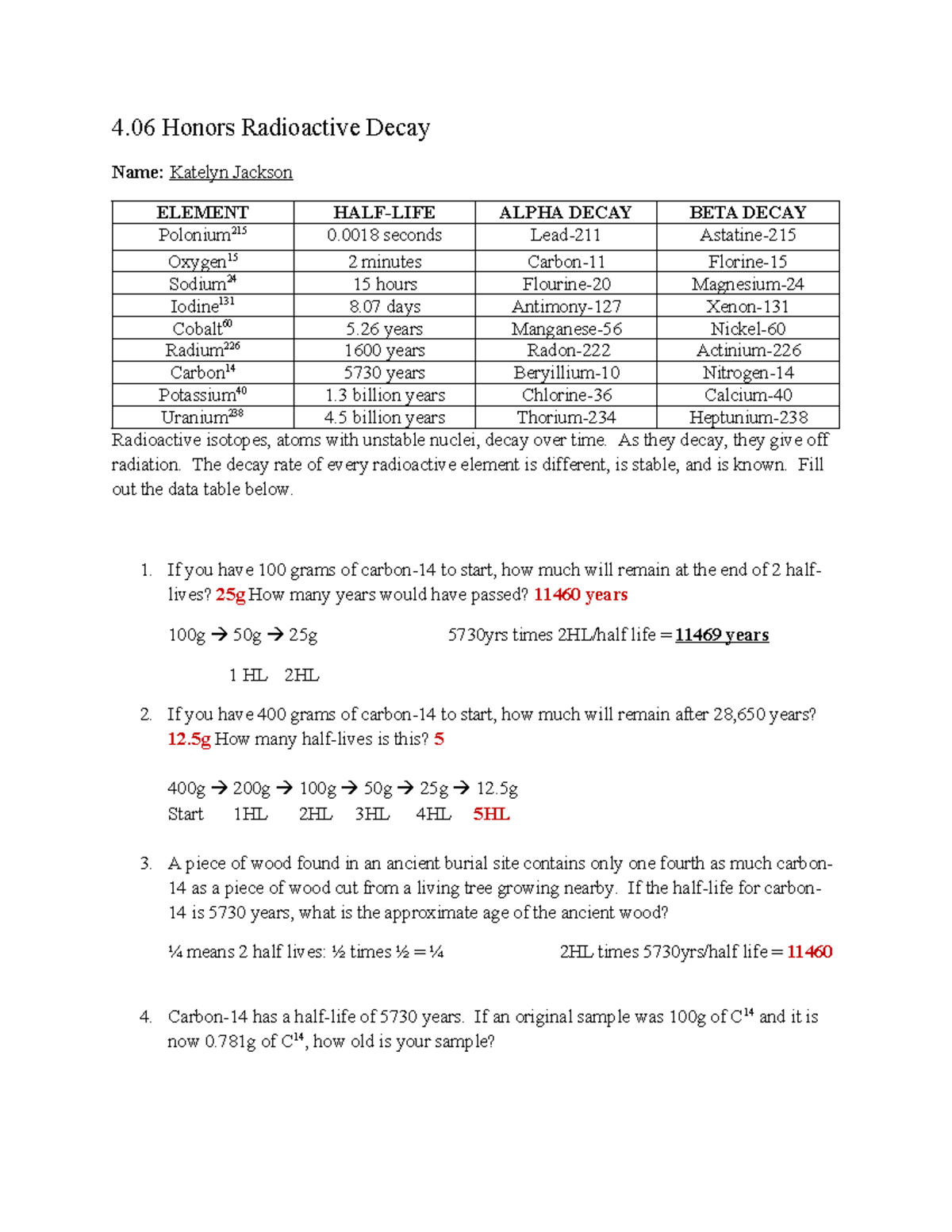 0404.06 honors radioactive decay - 4 Honors Radioactive Decay Name: Katelyn Jackson ELEMENT ...