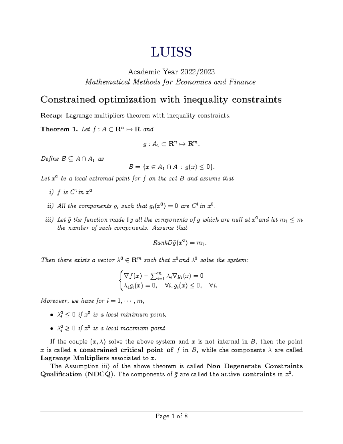 TA5 inequality constraint and envelope theorem - LUISS Academic Year 2022/ Mathematical Methods ...