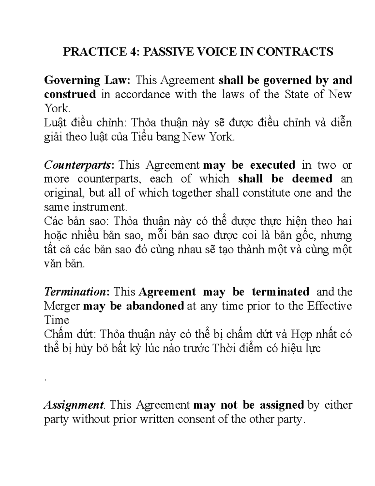 4. Practice 4 - Passive Voice IN Contracts - PRACTICE 4: PASSIVE VOICE IN CONTRACTS Governing ...