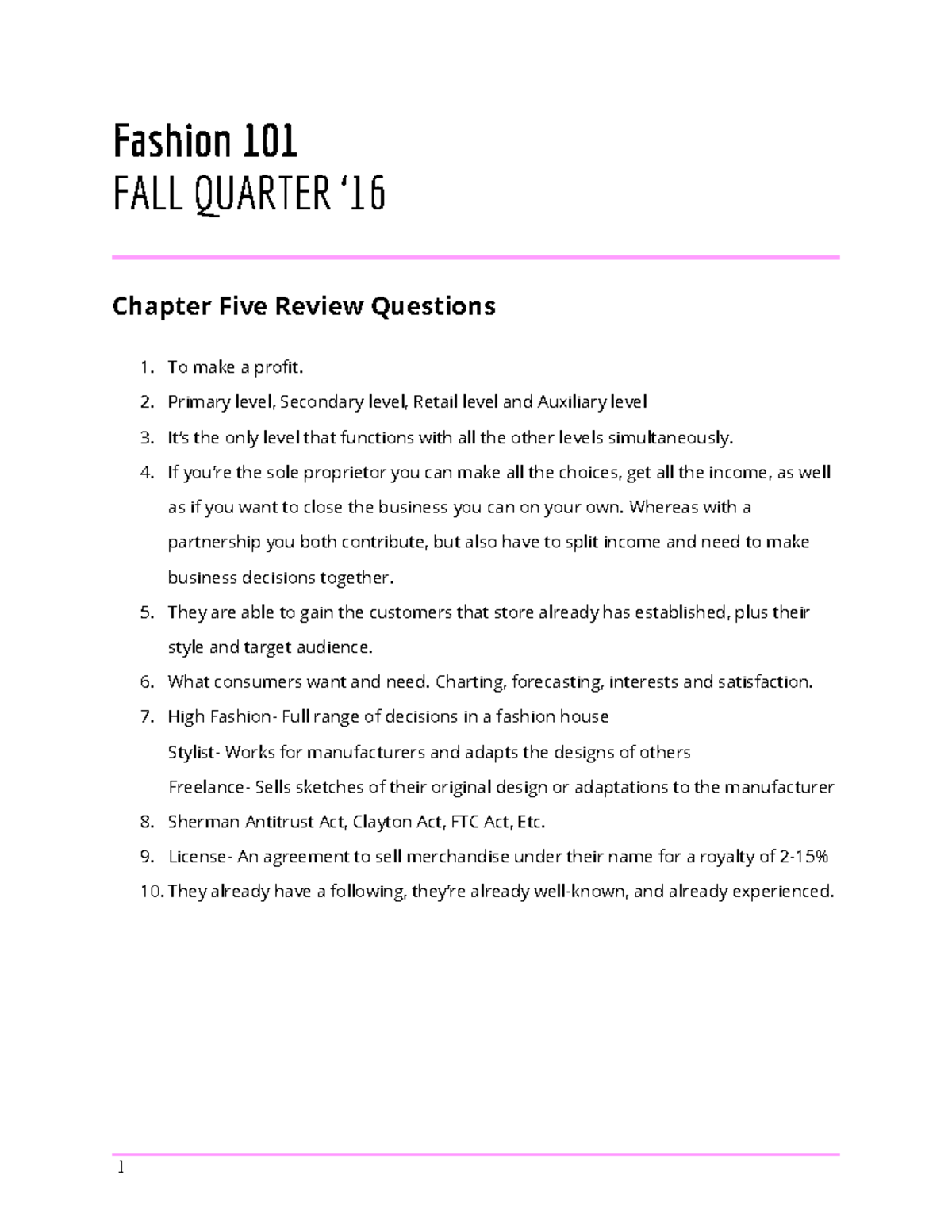 F5 RQ - Chapter 5 Review Questions/Answers - 1 Fashion 101 FALL QUARTER ...