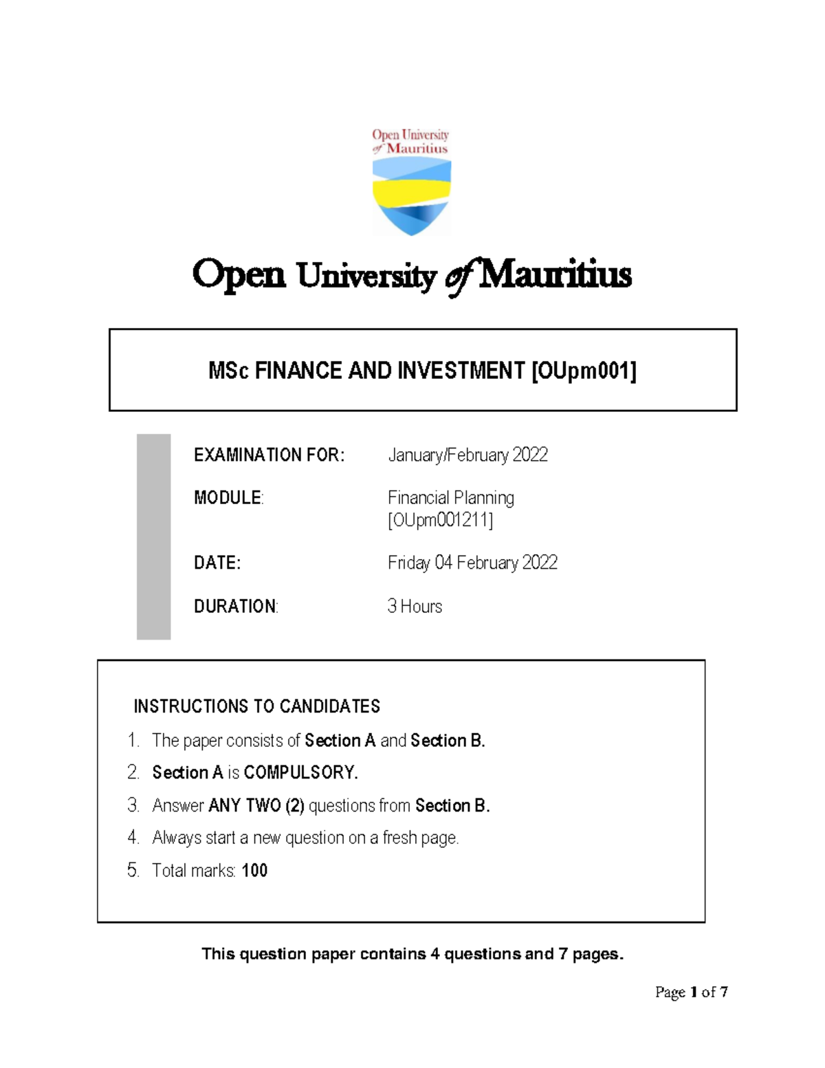Financial Planning dec 21 - Open University of Mauritius EXAMINATION ...