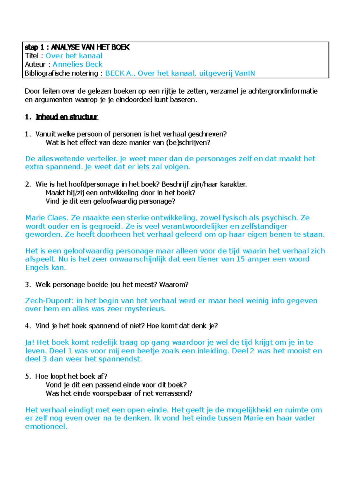 Bundel Inktaap Over het kanaal - stap 1 : ANALYSE VAN HET BOEK Titel ...