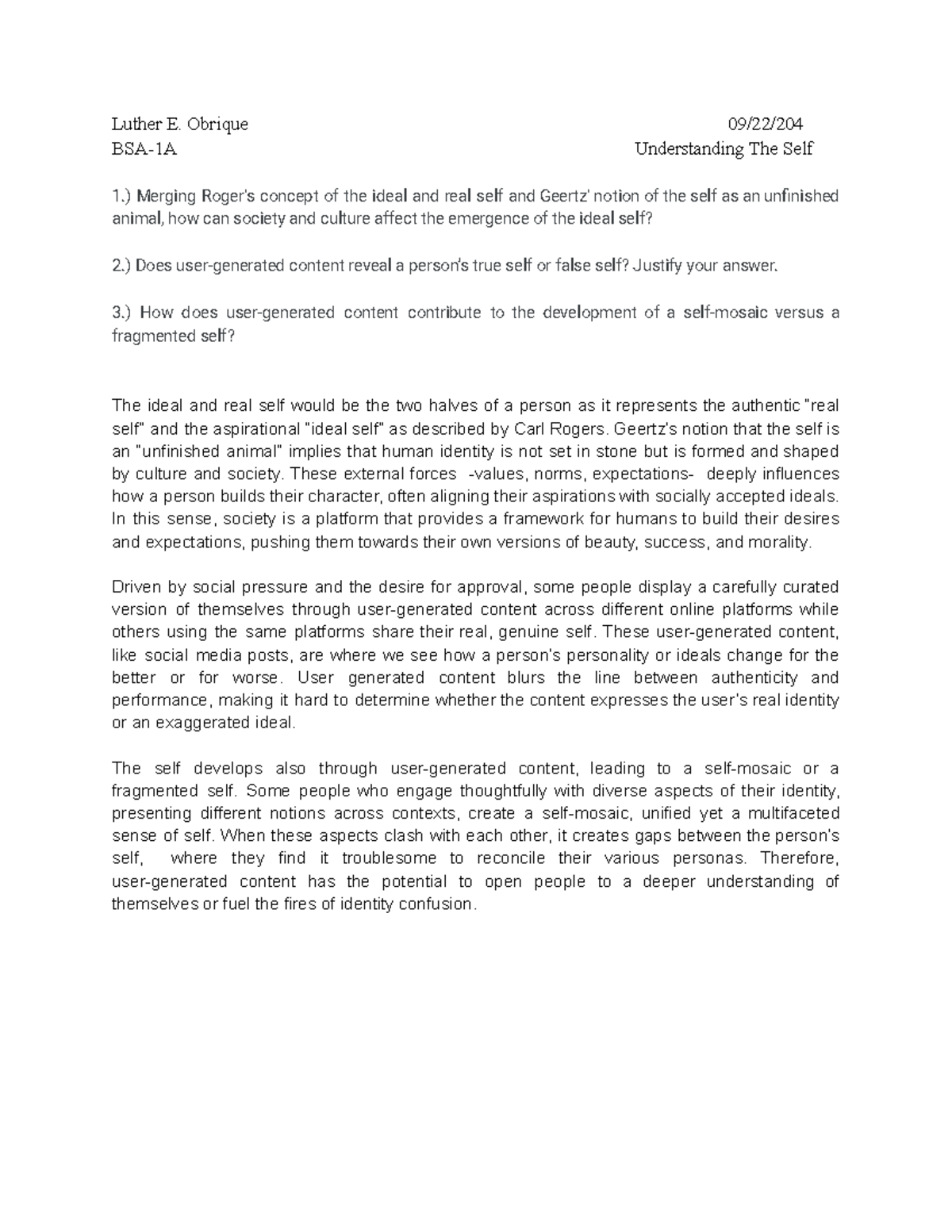 UTS Short Essay - hmp - Luther E. Obrique 09/22/ BSA-1A Understanding ...