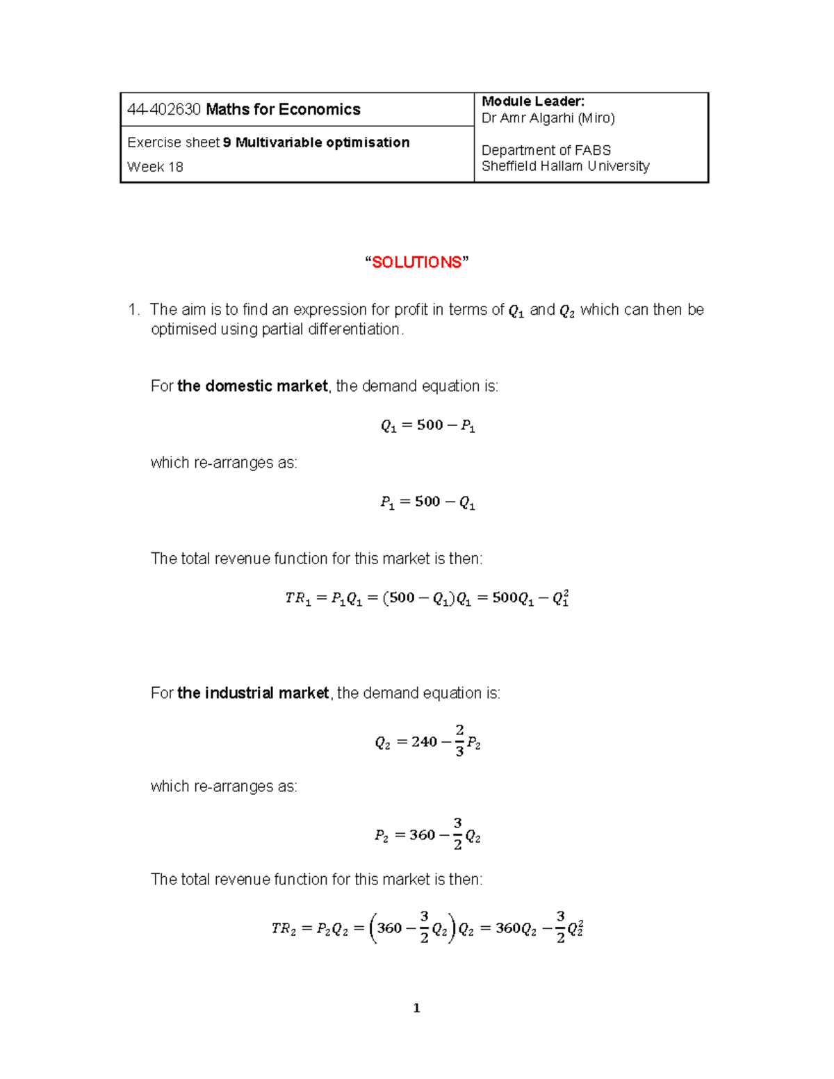 Maths S09 solutions - 44-402630 Maths for Economics Module Leader: Dr ...