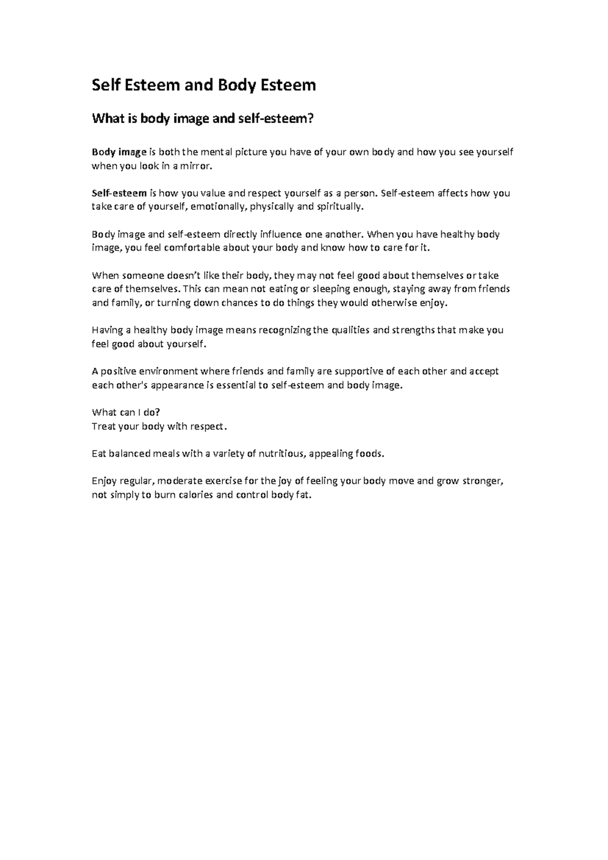 SELF Esteem AND BODY Esteem - Self Esteem and Body Esteem What is body ...