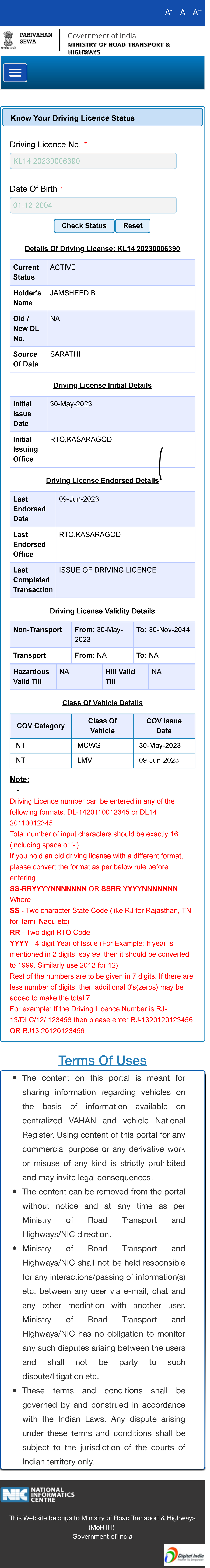 DL Status - A A A Government of India M I NI S TR Y OF R OA D TR A NS ...