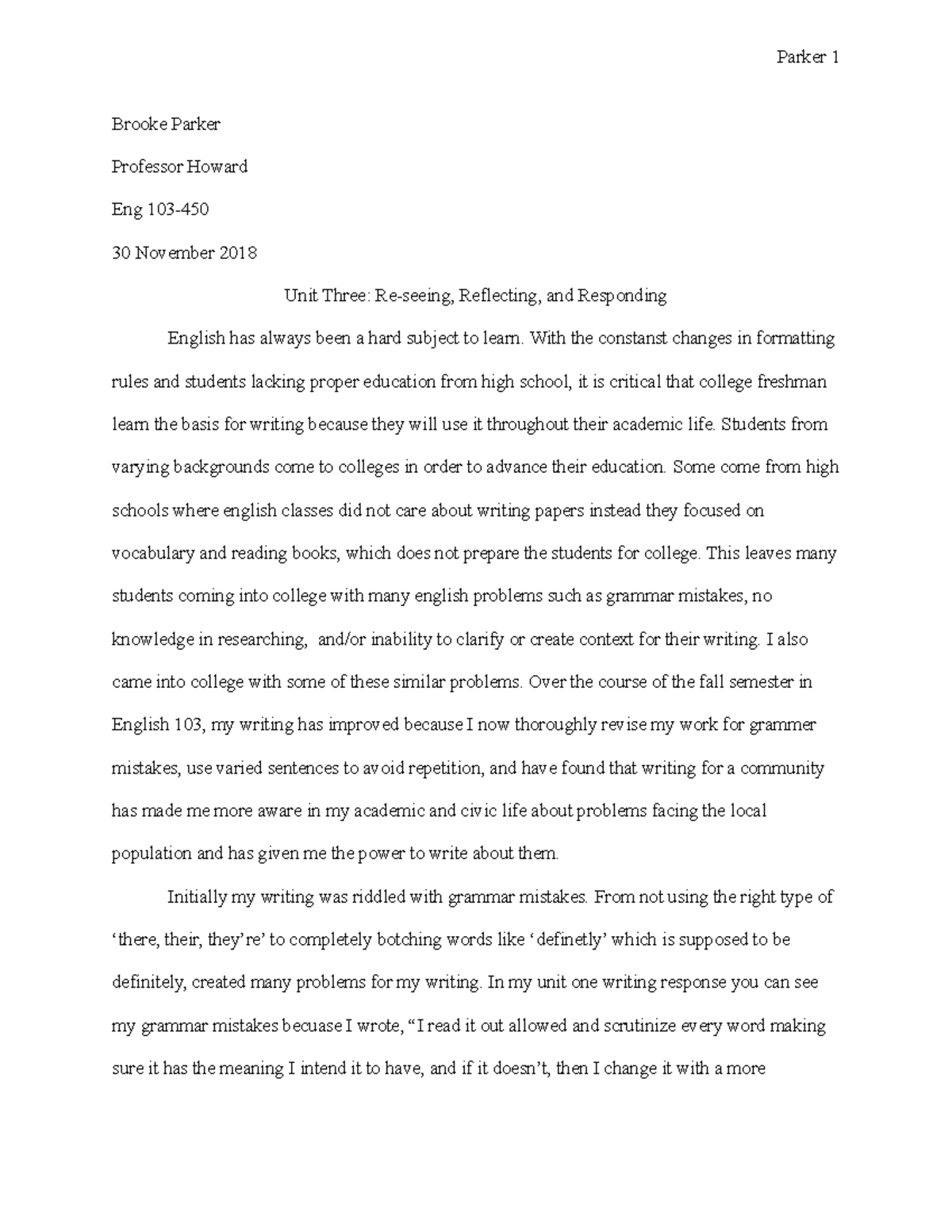 ENG 103- Unit 3 - Class Assignments and course work - Brooke Parker ...