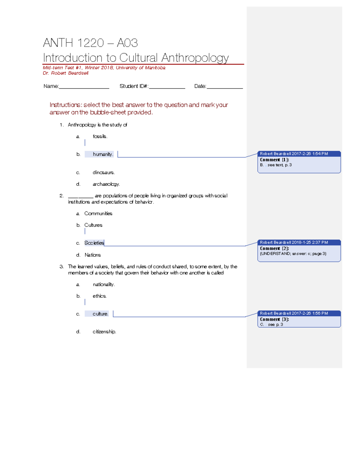 Midterm 1, questions and answers - ANTH 1220 – A Introduction to ...