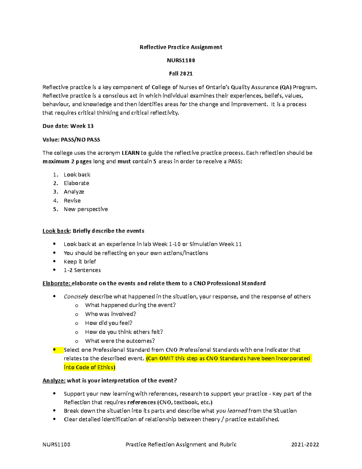 Instructions Reflective Practice 2023 Revised - Reflective Practice Assignment NURS Fall 2021 ...