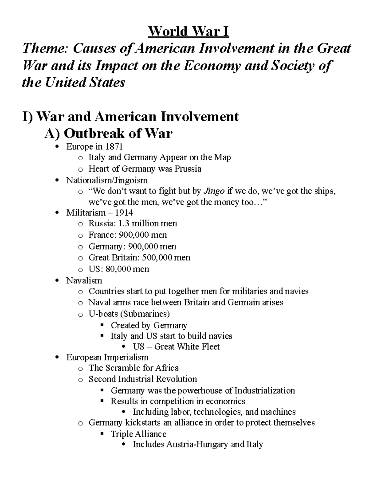 HIS - 202 World War I Notes - World War I Theme: Causes of American ...