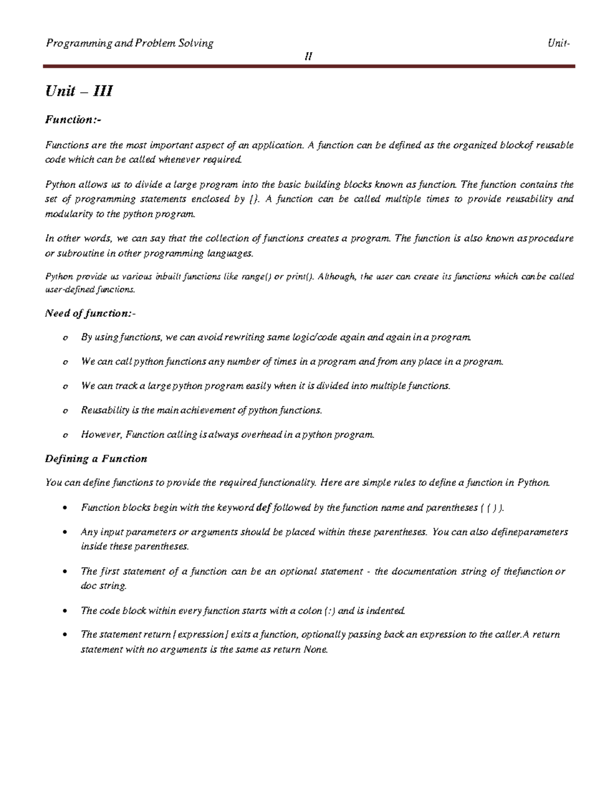 Notes Pps Unit 3 Python Ii I Unit Iii Function Functions Are The Most Important Aspect