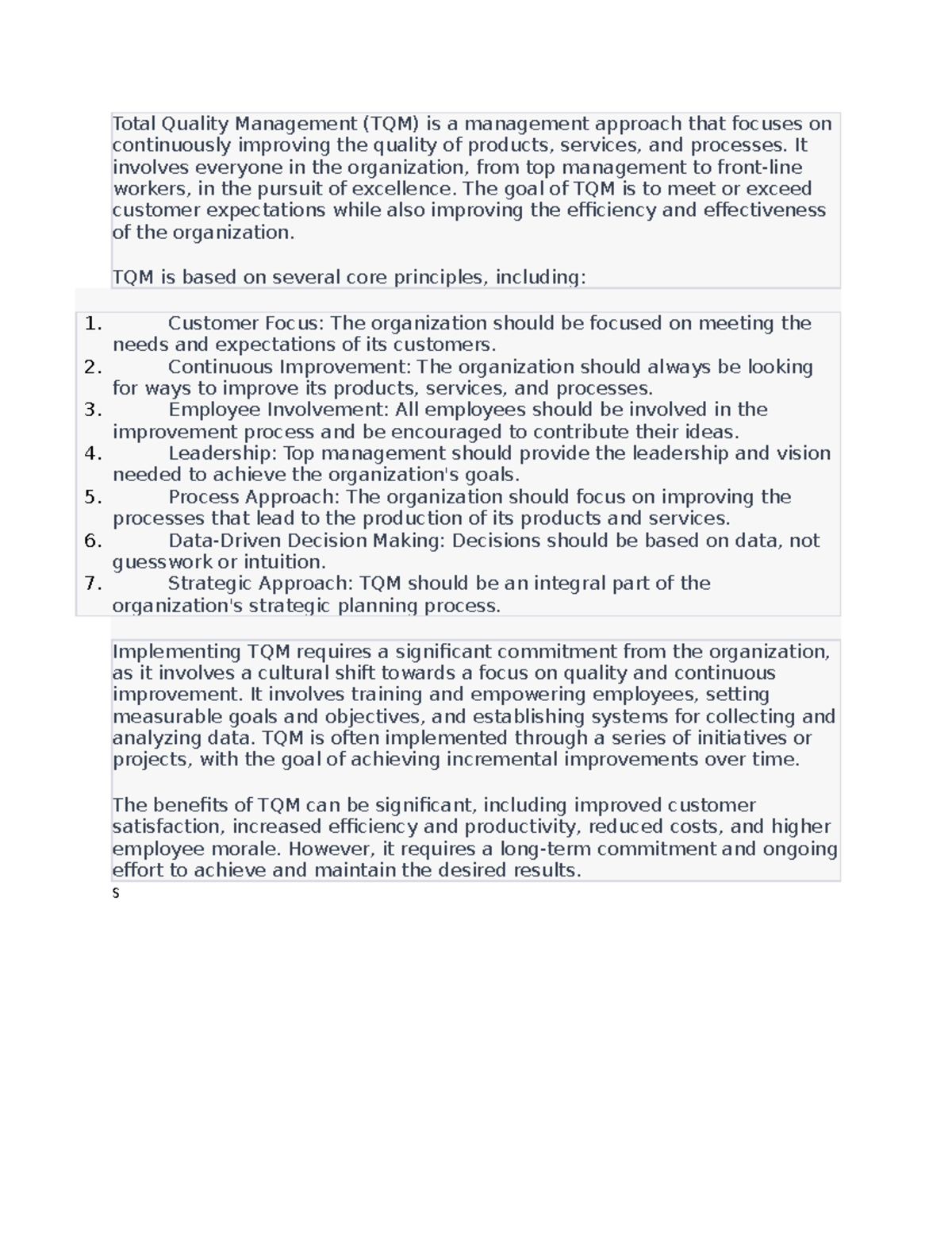 Quality Management - Lecturer notes - Total Quality Management (TQM) is ...