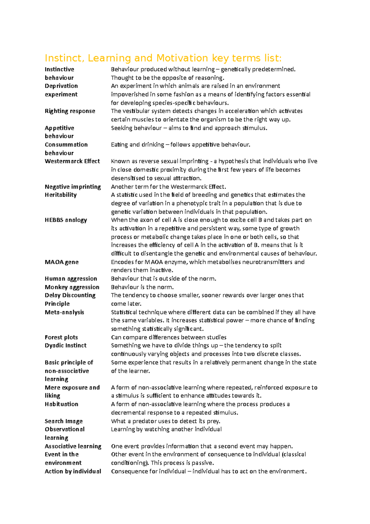 Instinct Key Terms - Instinct, Learning and Motivation key terms list ...