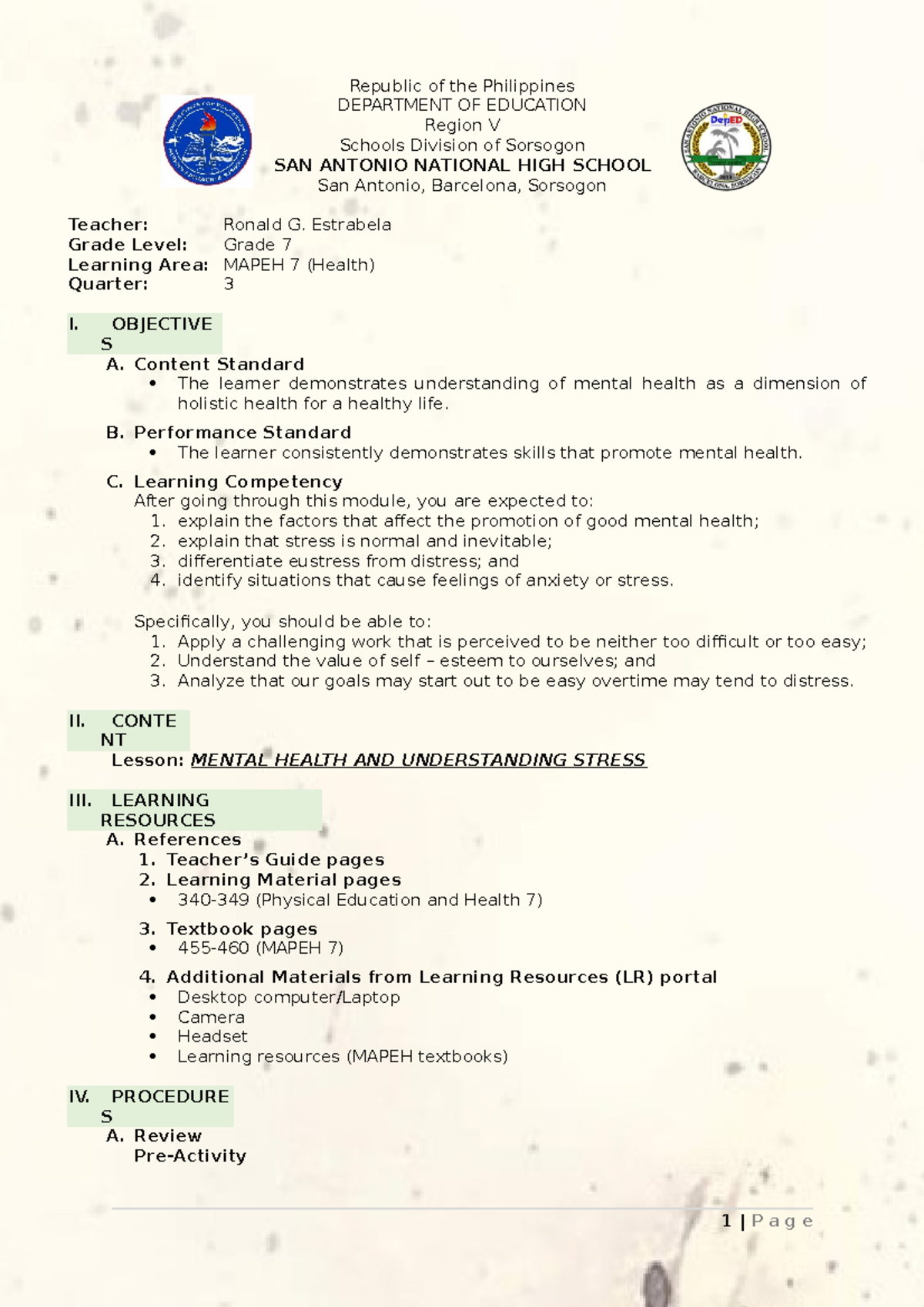 Daily Lesson PLAN - Quarter 3 ( Health 7) - Republic of the Philippines ...
