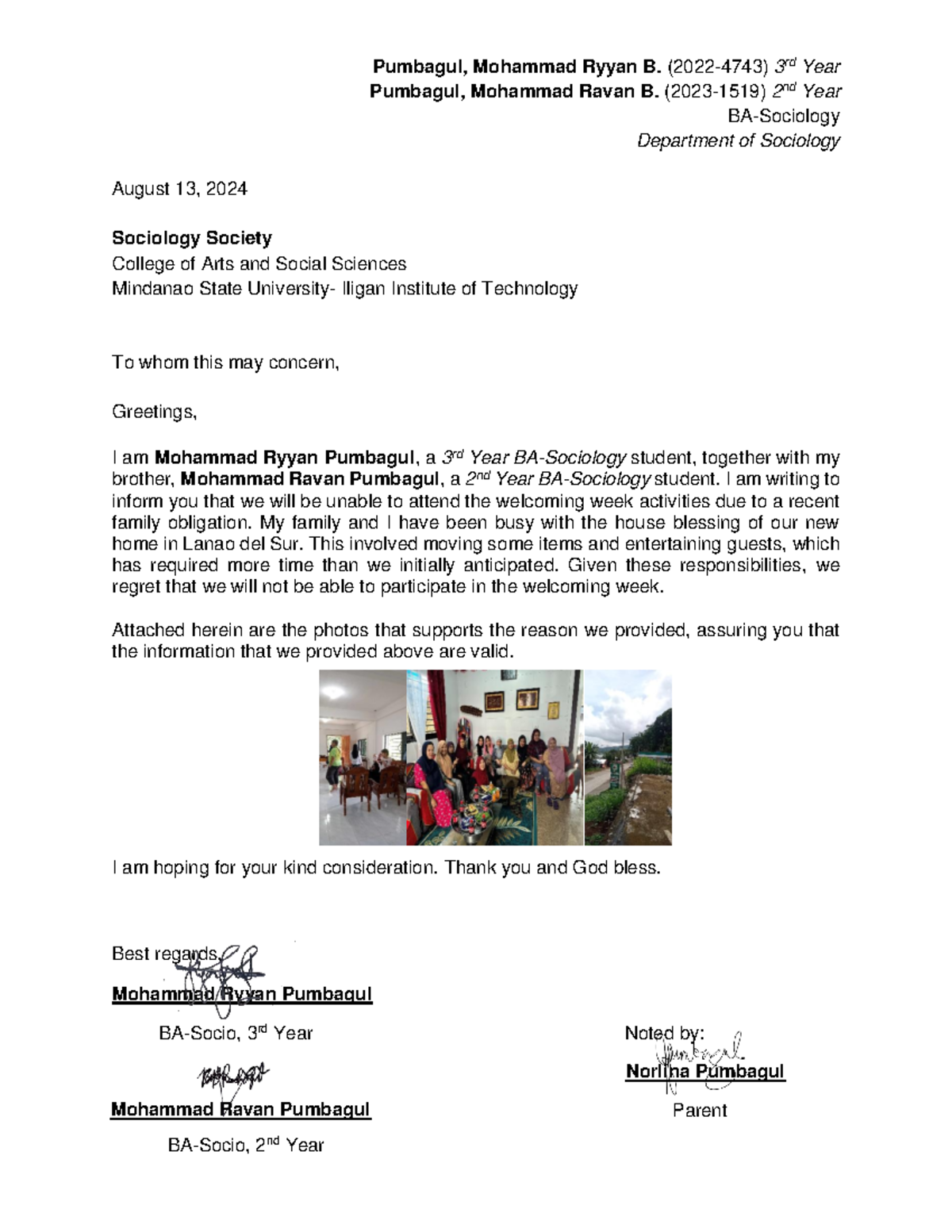 2022 4743 & 2023 1519 Excuse Letter - Pumbagul, Mohammad Ryyan B ...
