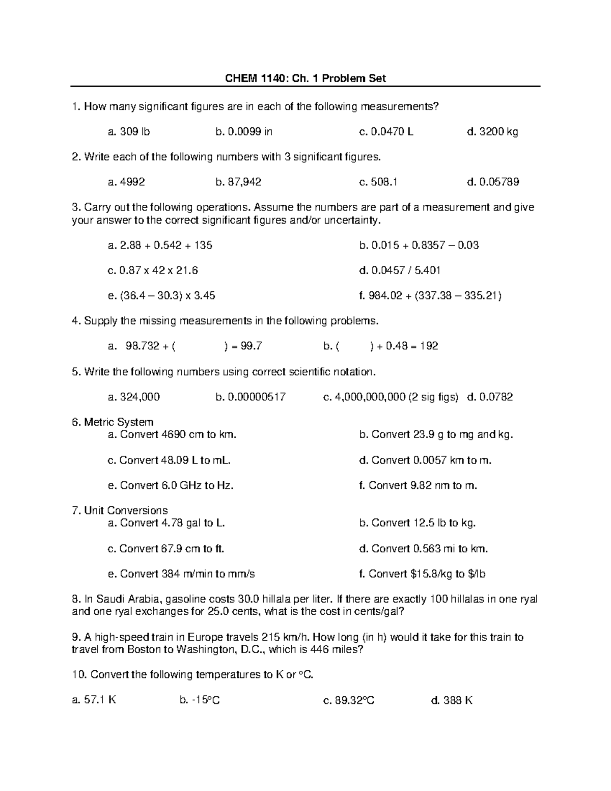 Chapter 1 - Measurements Problem Set - CHEM 1140: Ch. 1 Problem Set 1 ...