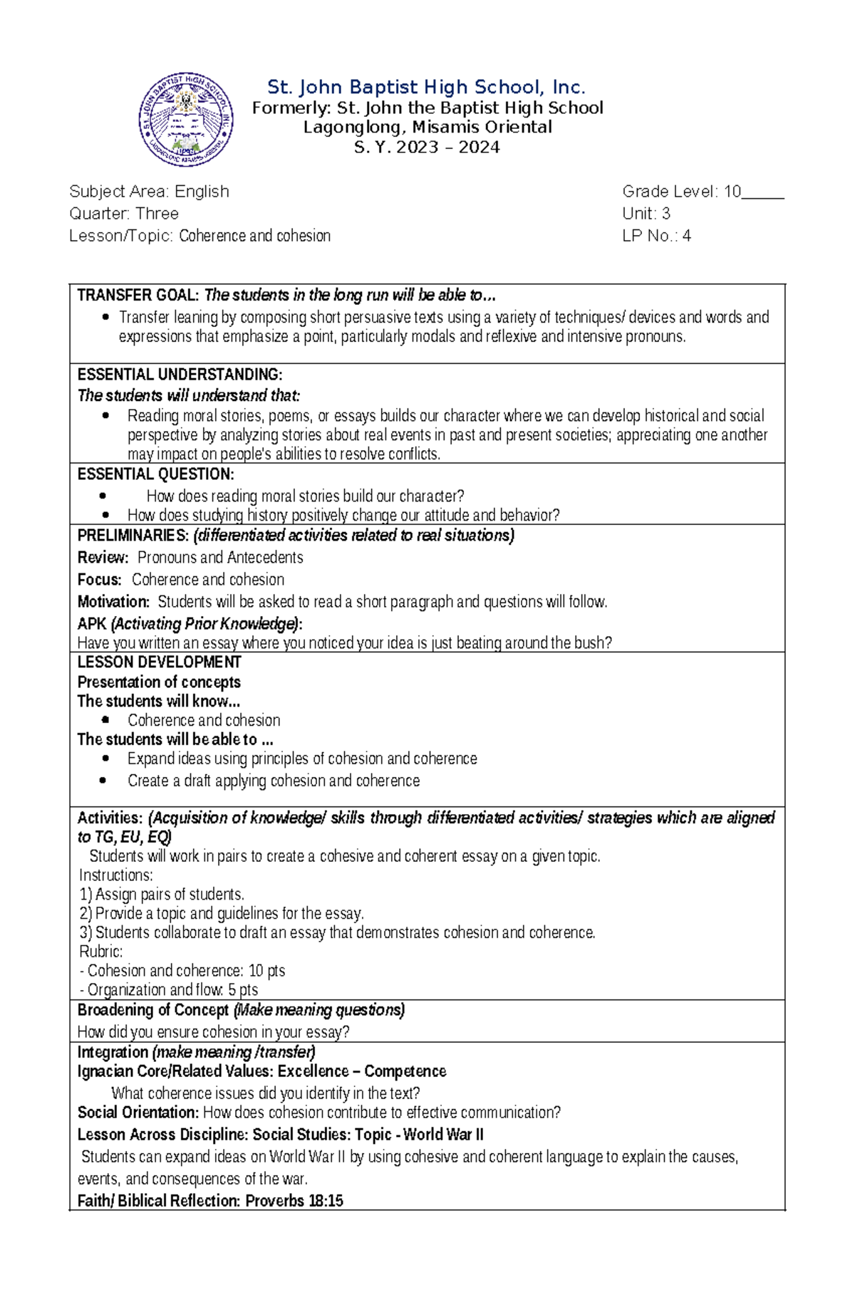 Eng10 LPQ3 4 Coherence and cohesion - St. John Baptist High School, Inc ...