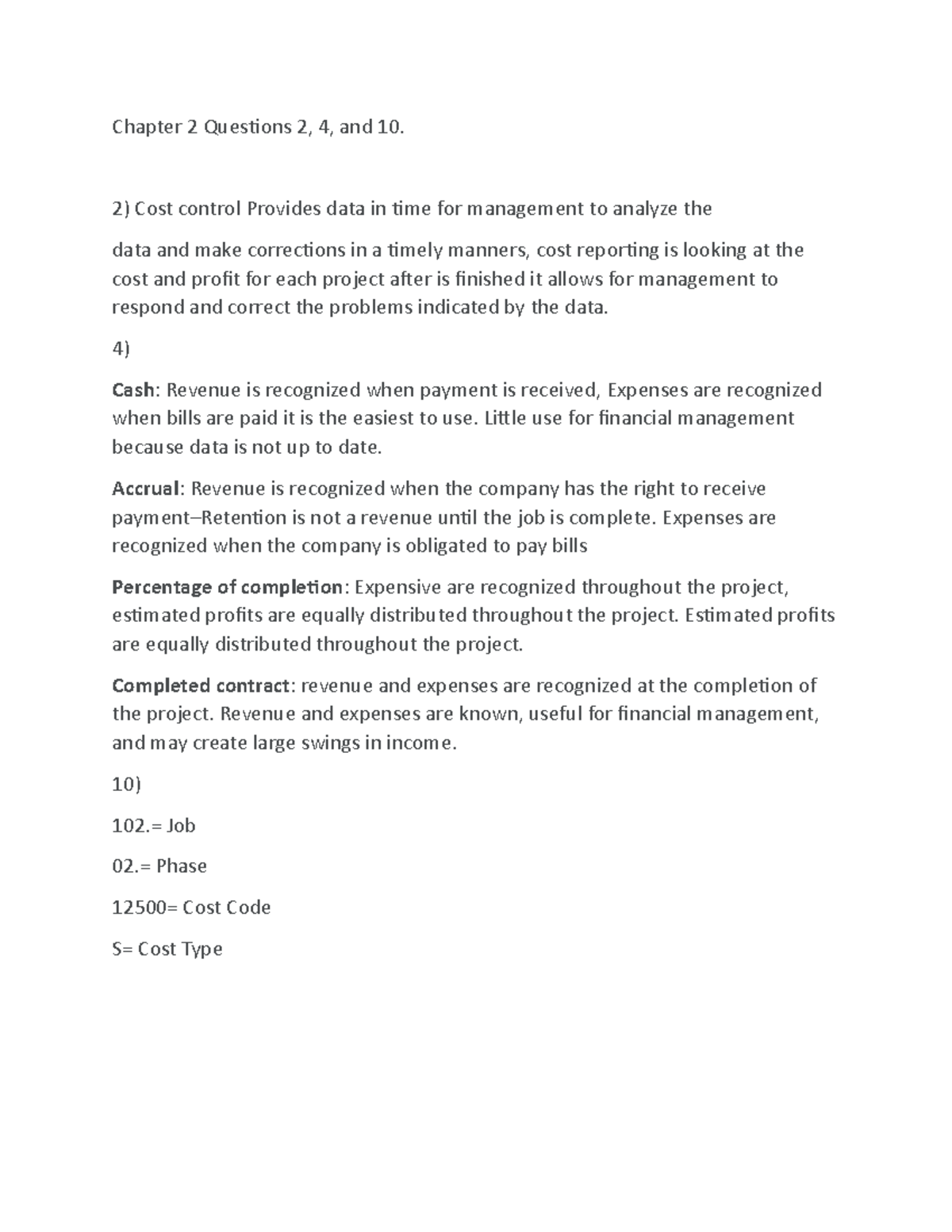 CM434 Chpt 2 HW - Assignment - Chapter 2 Questions 2, 4, and 10. Cost ...