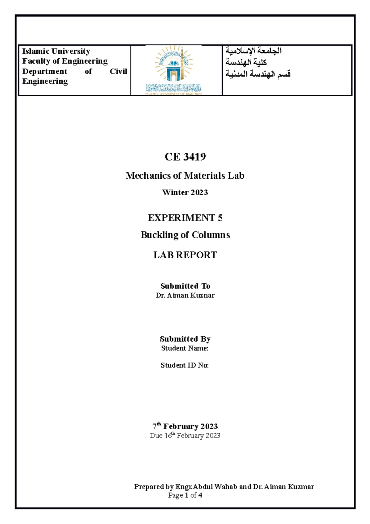 Lab 5 - Islamic University Faculty of Engineering Department of Civil ...