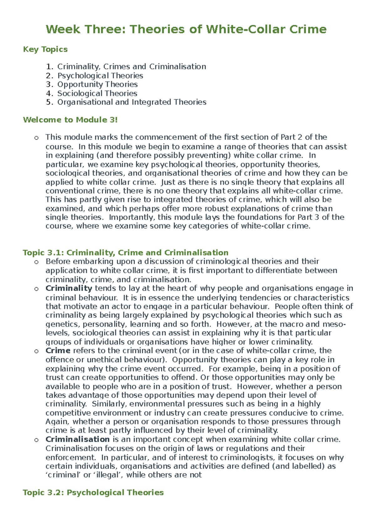 Week Three - Lecture notes - Week Three: Theories of White-Collar Crime ...