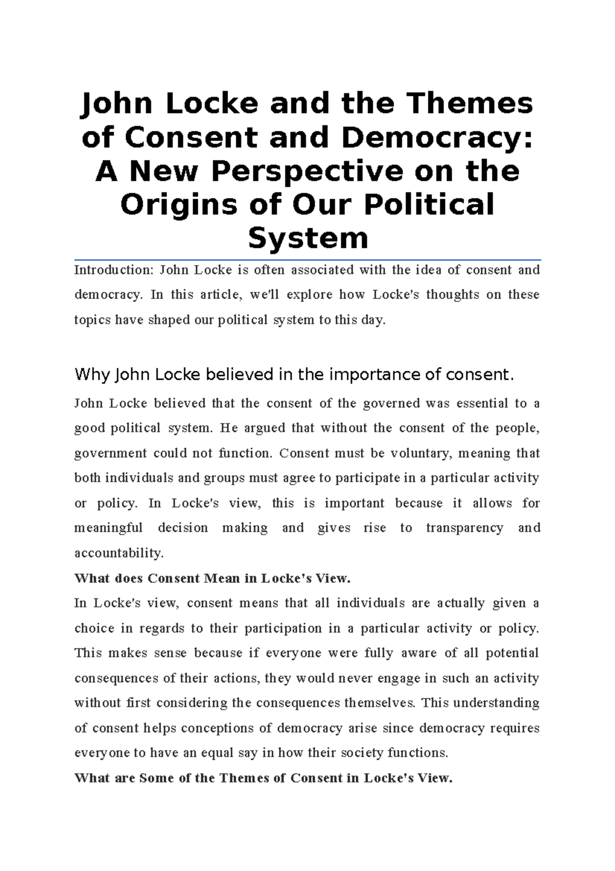 John Locke and the Themes of Consent and Democracy, A New Perspective ...
