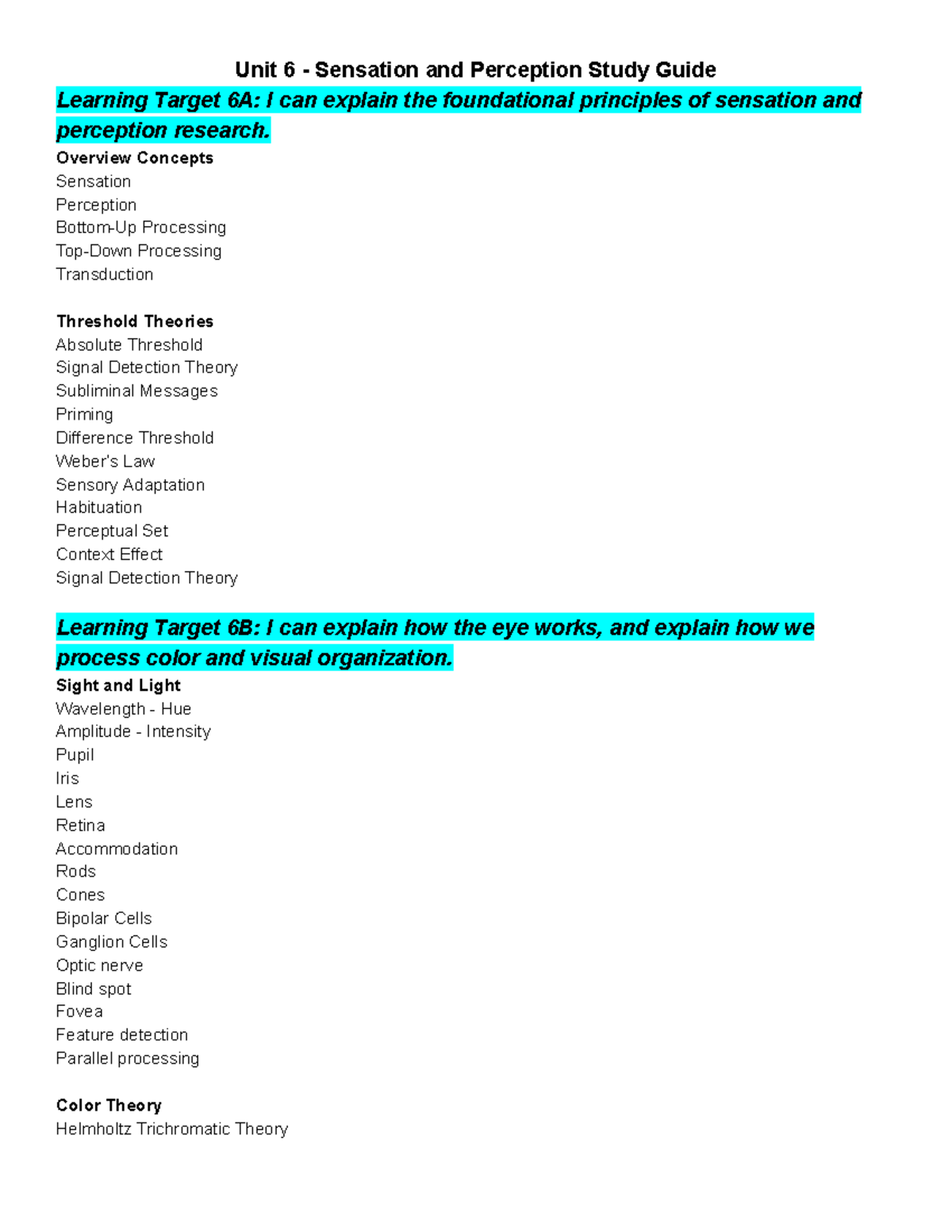 Unit 6 - Sensation and Perception Study Guide - Overview Concepts ...