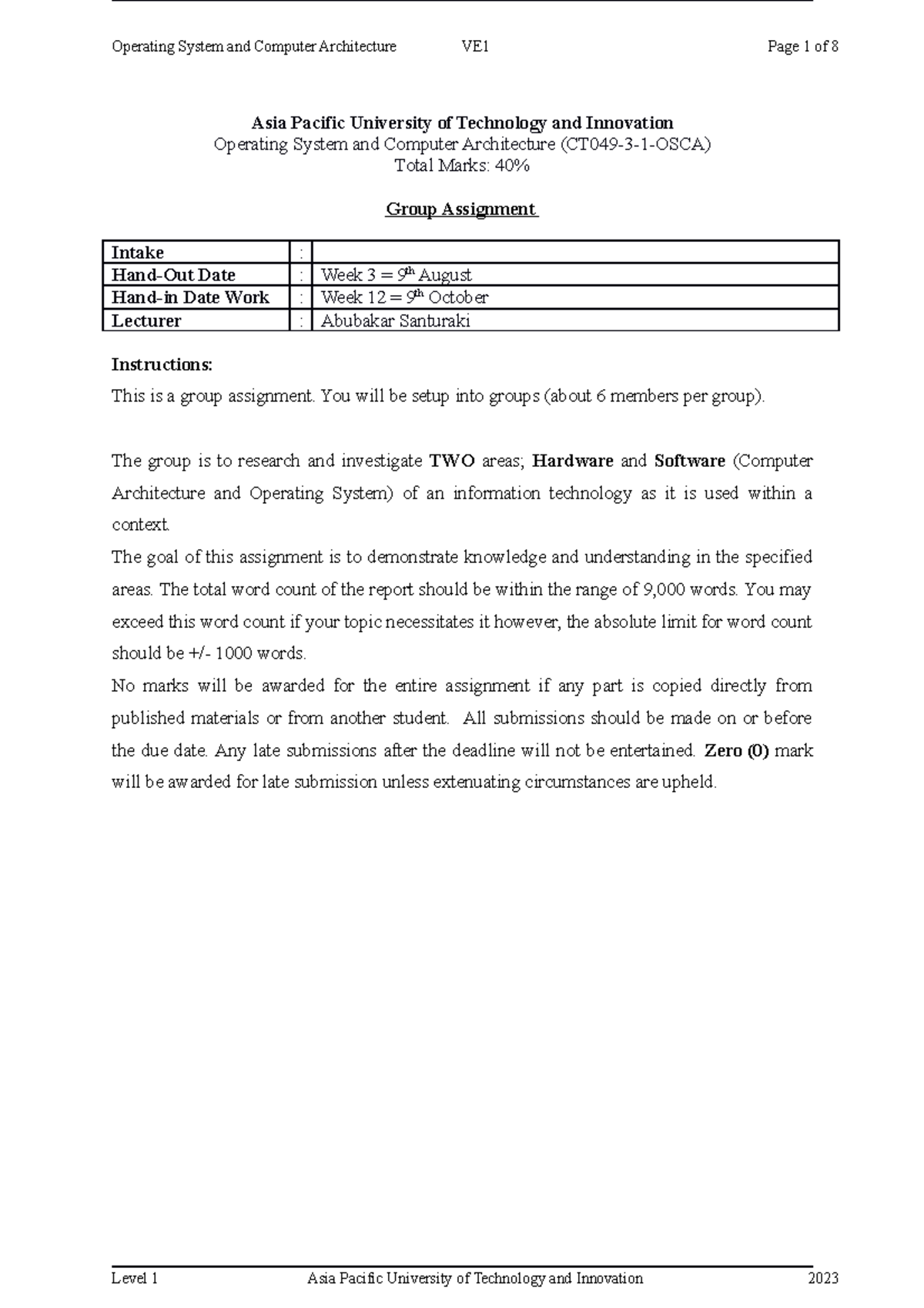 OSCA Group In-course (VE1) - Asia Pacific University of Technology and Innovation Operating ...