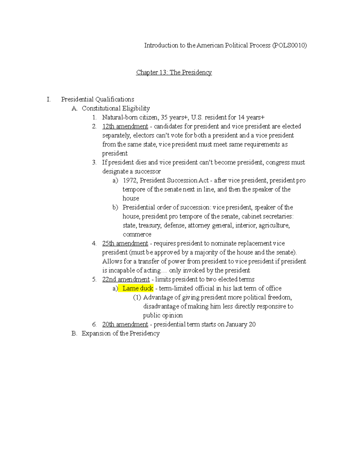 Chapter 13 The Presidency - Introduction to the American Political ...